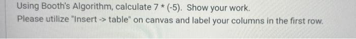 Solved Using Booth's Algorithm, calculate 7 * (−5). Show | Chegg.com