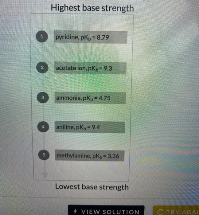 Solved Highest base strength pyridine, pKb = 8.79 N acetate | Chegg.com