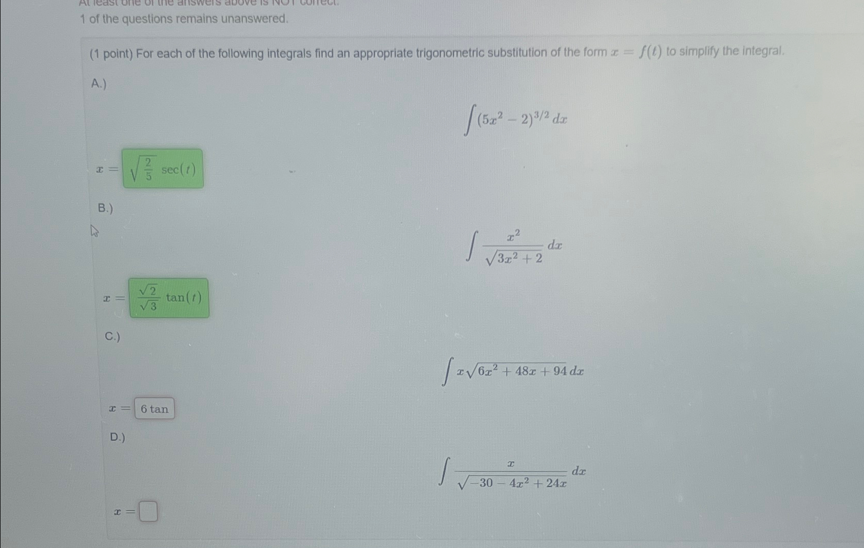 Solved 1 ﻿of the questions remains unanswered.(1 ﻿point) | Chegg.com