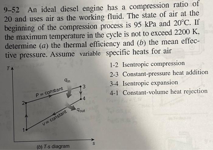 Solved 9-52 An ideal diesel engine has a compression ratio | Chegg.com