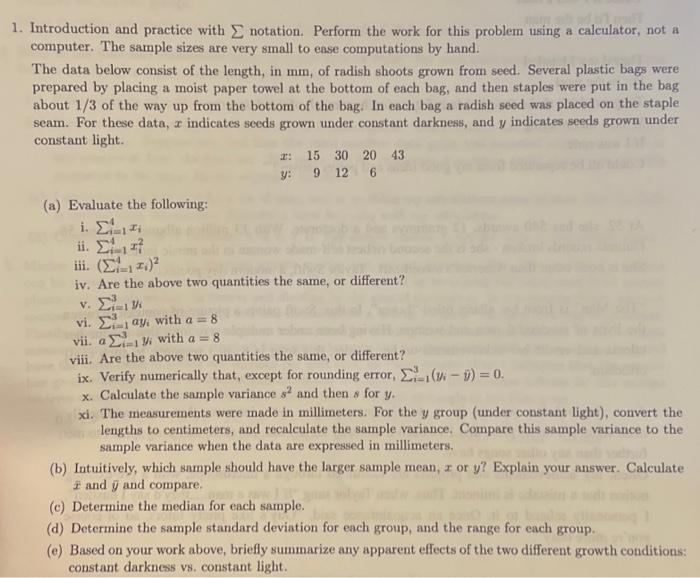 Solved 1. Introduction and practice with ∑ notation. Perform | Chegg.com