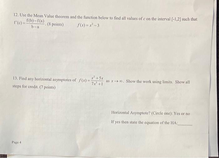 Solved 12. Use the Mean Value theorem and the function below | Chegg.com