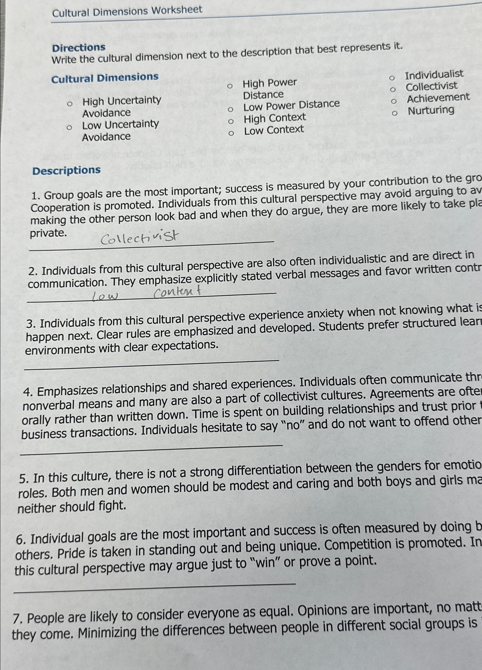 Solved Cultural Dimensions WorksheetDirectionsWrite the | Chegg.com