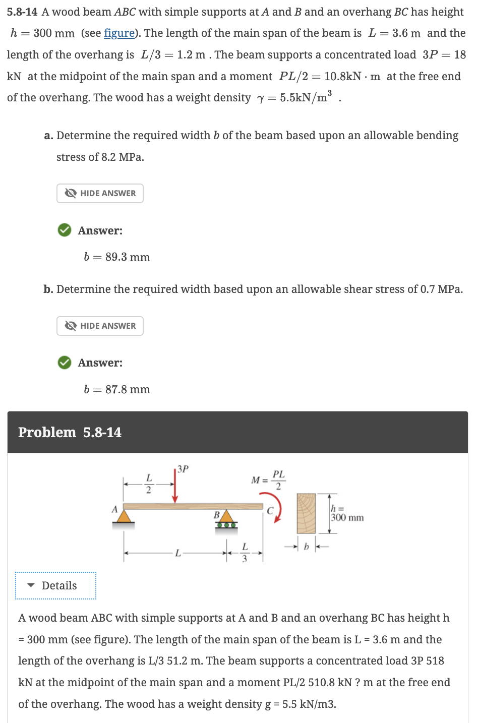 Solved 5.8-14 ﻿A wood beam ABC with simple supports at A and | Chegg.com