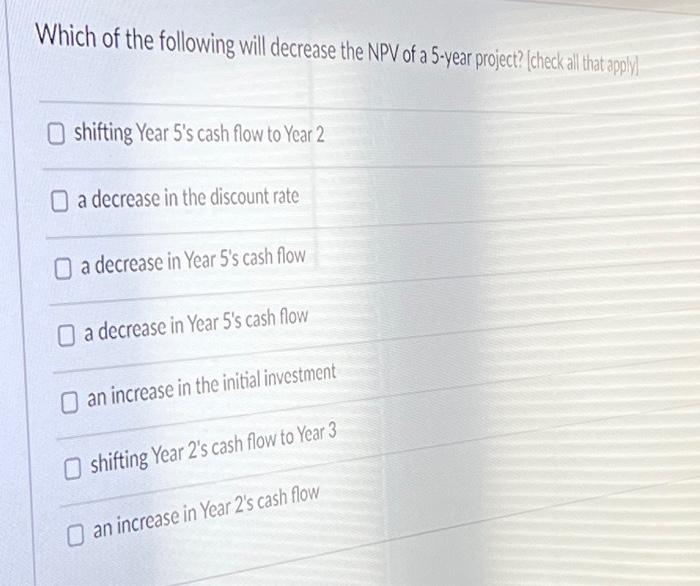 Solved Which of the following will decrease the NPV of a | Chegg.com