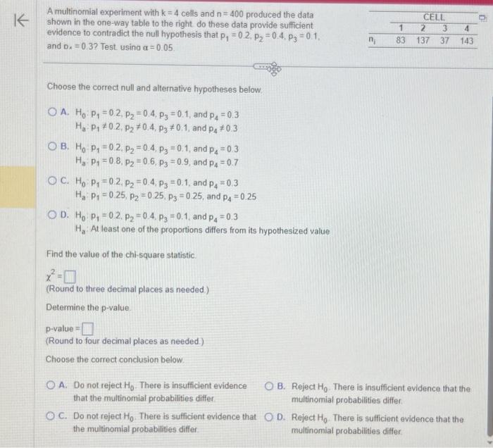 Solved A multinomial experiment with k=4 cells and n=400 | Chegg.com