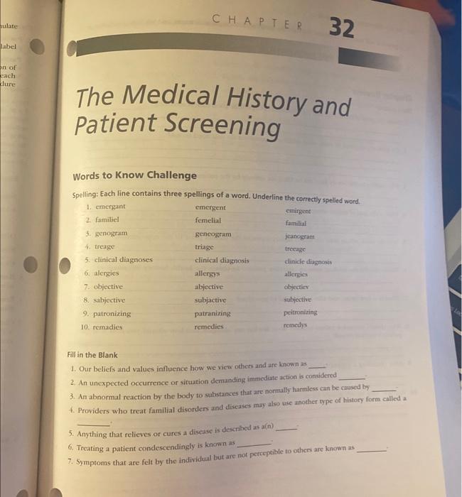 Solved The Medical History and patient Screening Words to | Chegg.com