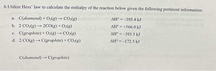 Solved 6.Utilize Hess' law to calculate the enthalpy of the | Chegg.com