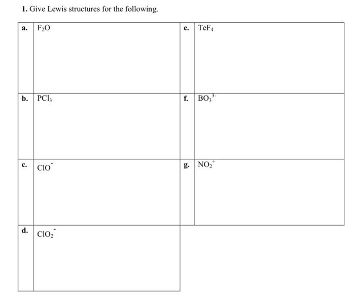 Solved 1. Give Lewis structures for the following. a. F20 e. | Chegg.com