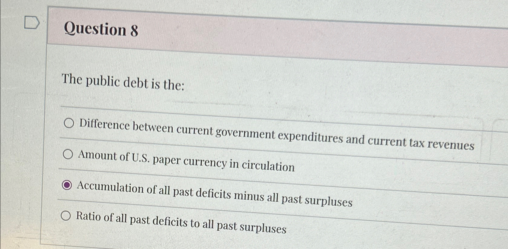 Solved Question 8The public debt is the:Difference between | Chegg.com