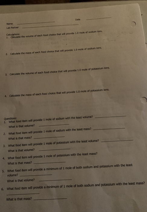 Solved Date Name Lab Partner Calculations: 1. Chlculate the | Chegg.com