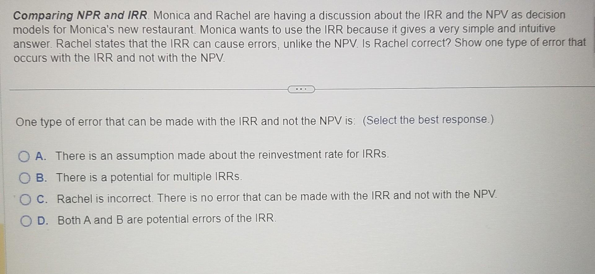 Solved Comparing NPR and IRR. Monica and Rachel are having a | Chegg.com