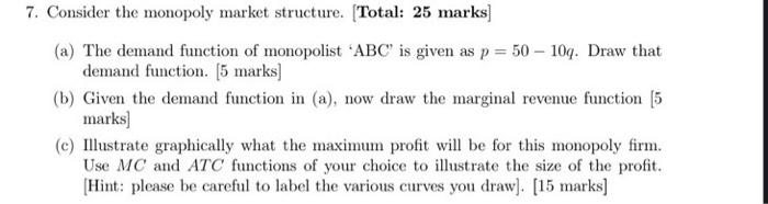 Solved 7. Consider the monopoly market structure. [Total: 25 | Chegg.com