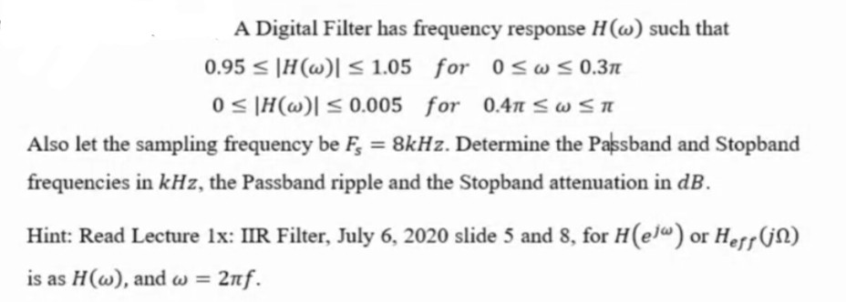 Solved A Digital Filter has frequency response H(w) such | Chegg.com