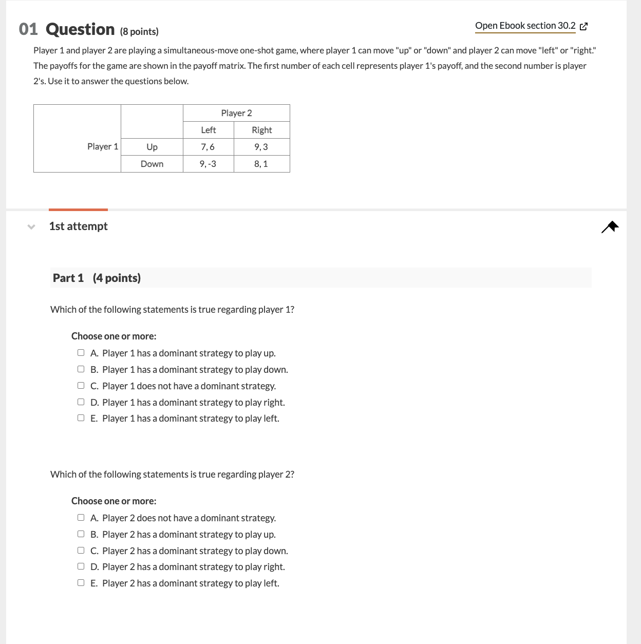 Solved 01 ﻿Question (8 ﻿points)Player 1 ﻿and player 2 ﻿are | Chegg.com