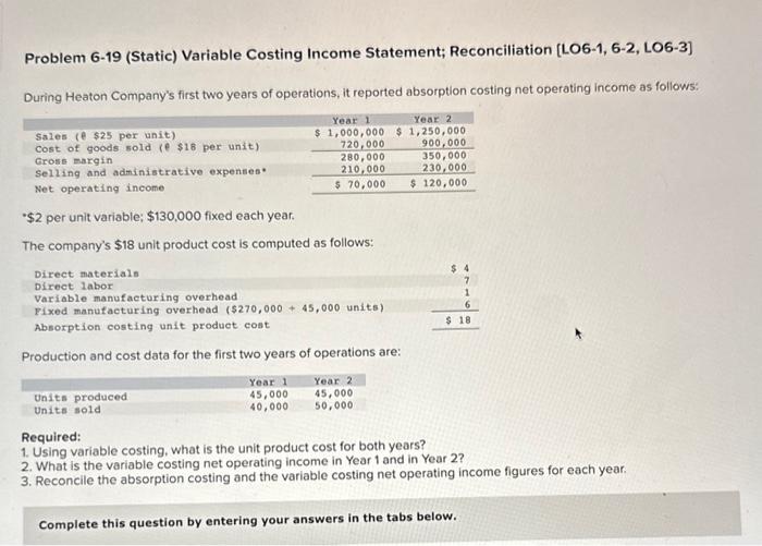 Solved Problem 6-19 (Static) Variable Costing Income | Chegg.com Solved Problem 6-19 (Static) Variable Costing Income | Chegg.com