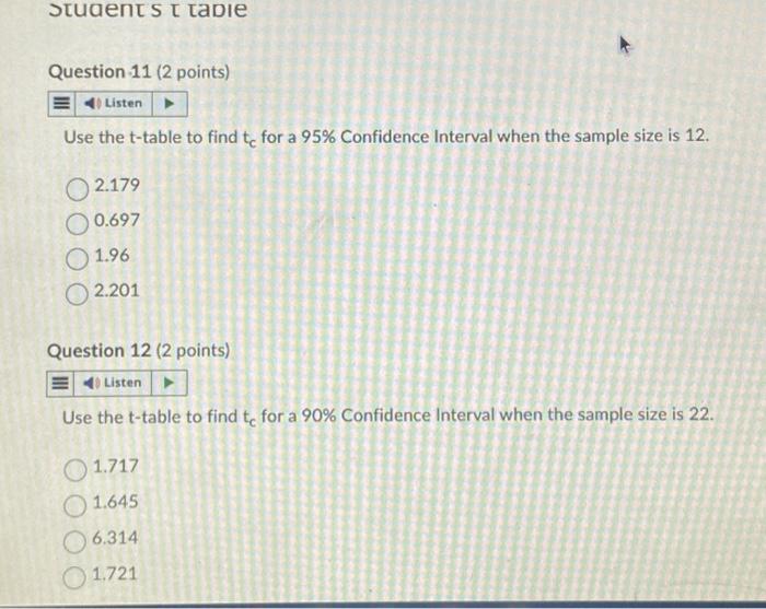 Solved Use the t-table to find tc for a 95% Confidence | Chegg.com