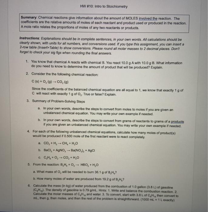 Solved HW #10: Intro to Stoichiometry Summary: Chemical | Chegg.com