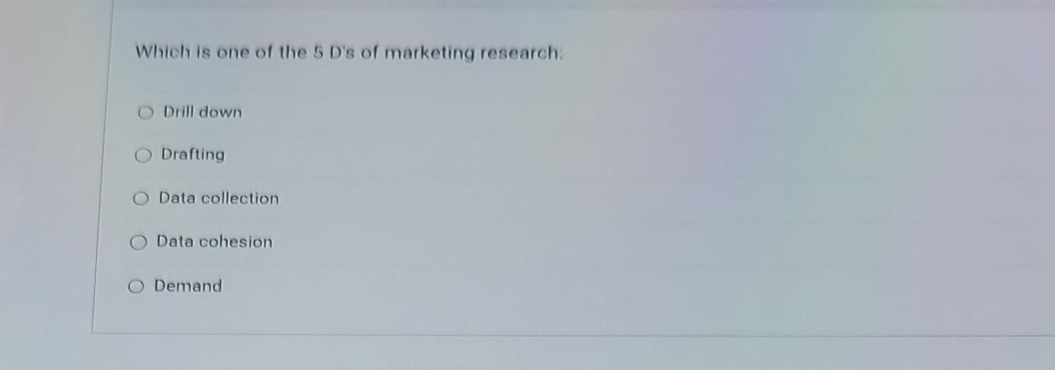Solved Which is one of the 5D 's of marketing research. | Chegg.com