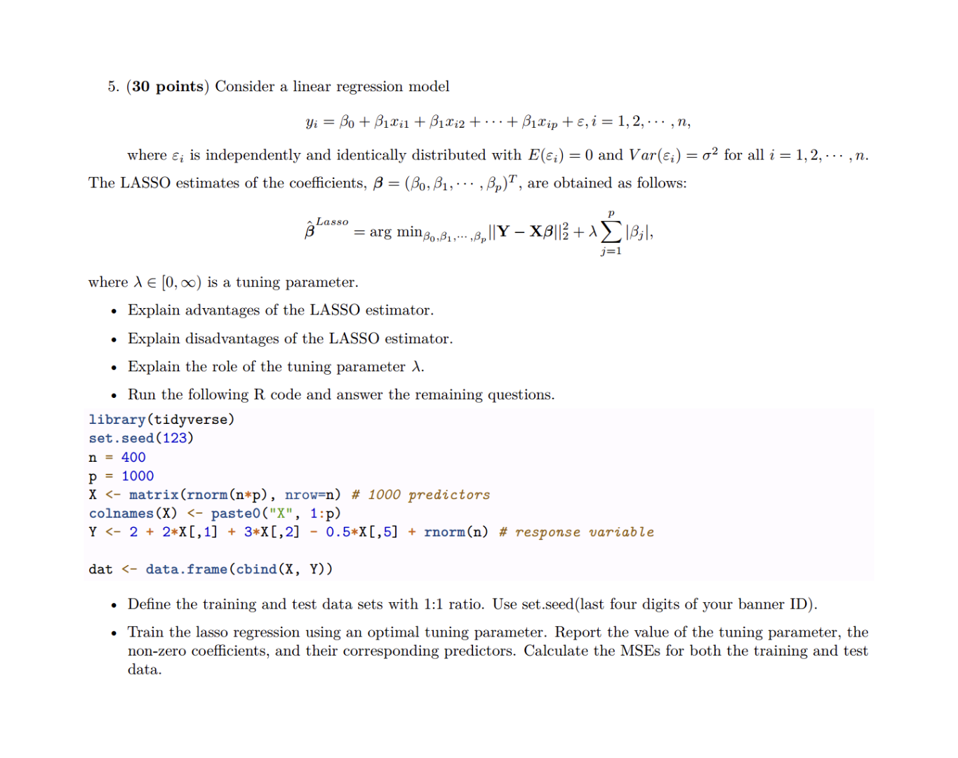 Solved 5. (30 points) Consider a linear regression model | Chegg.com