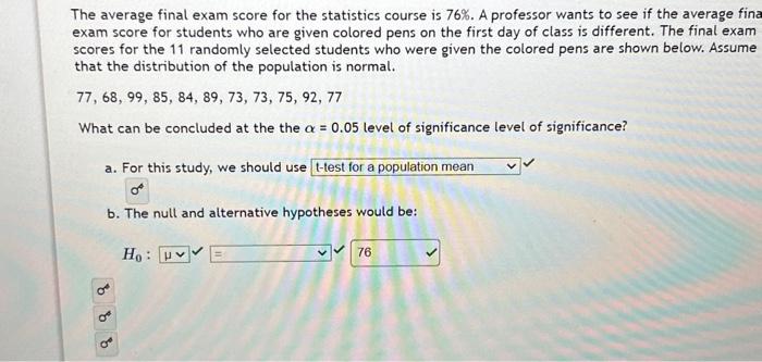 Solved The average final exam score for the statistics | Chegg.com