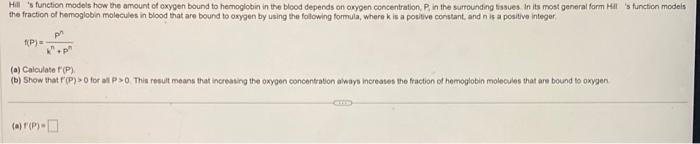 Solved Hill 's function modols how the amount of oxygen | Chegg.com