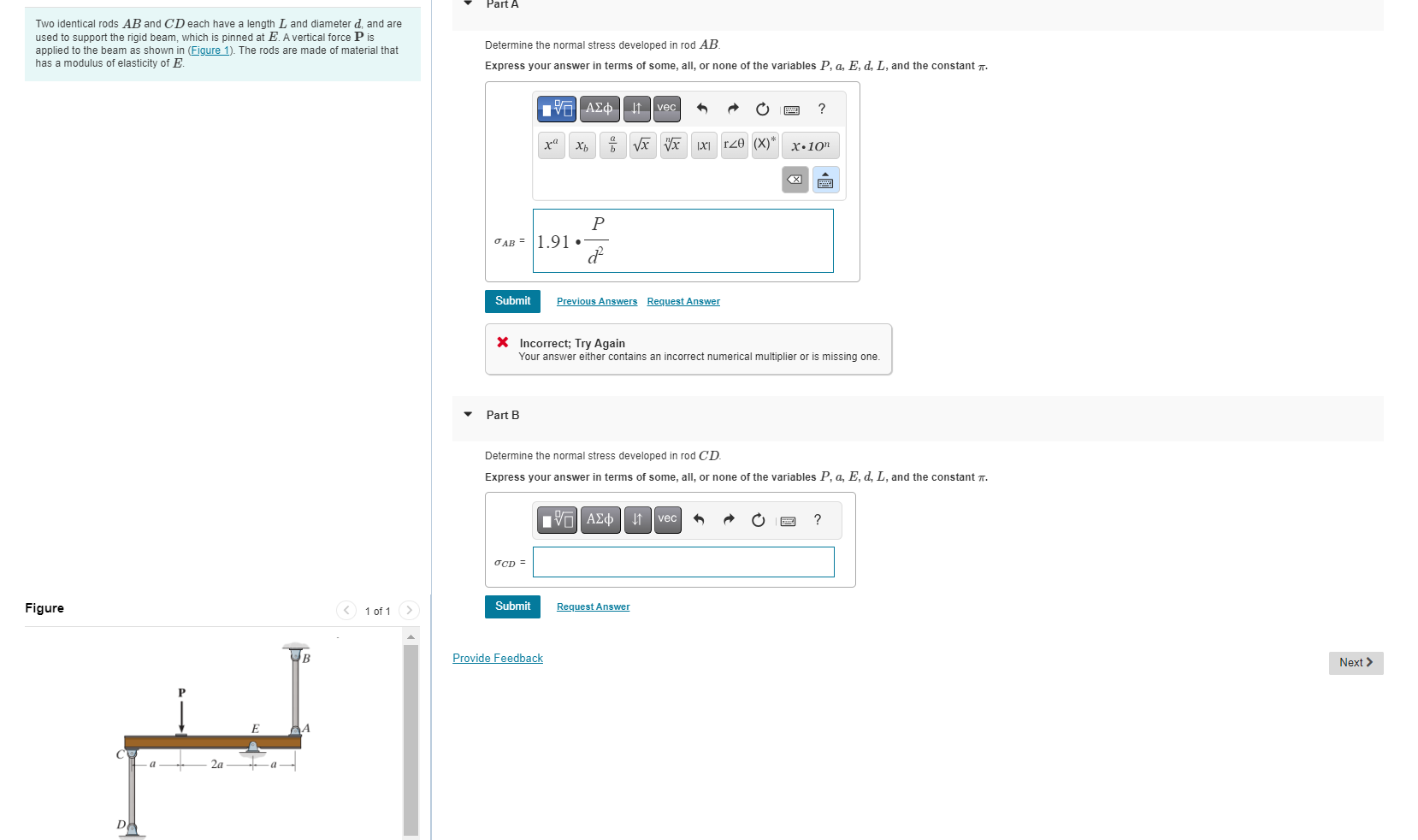 Solved Determine the normal stress developed in rod AB | Chegg.com