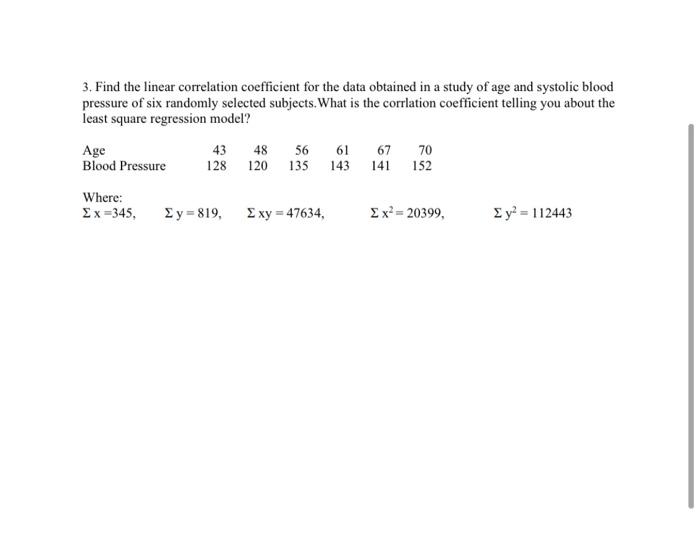 Solved 3. Find the linear correlation coefficient for the | Chegg.com