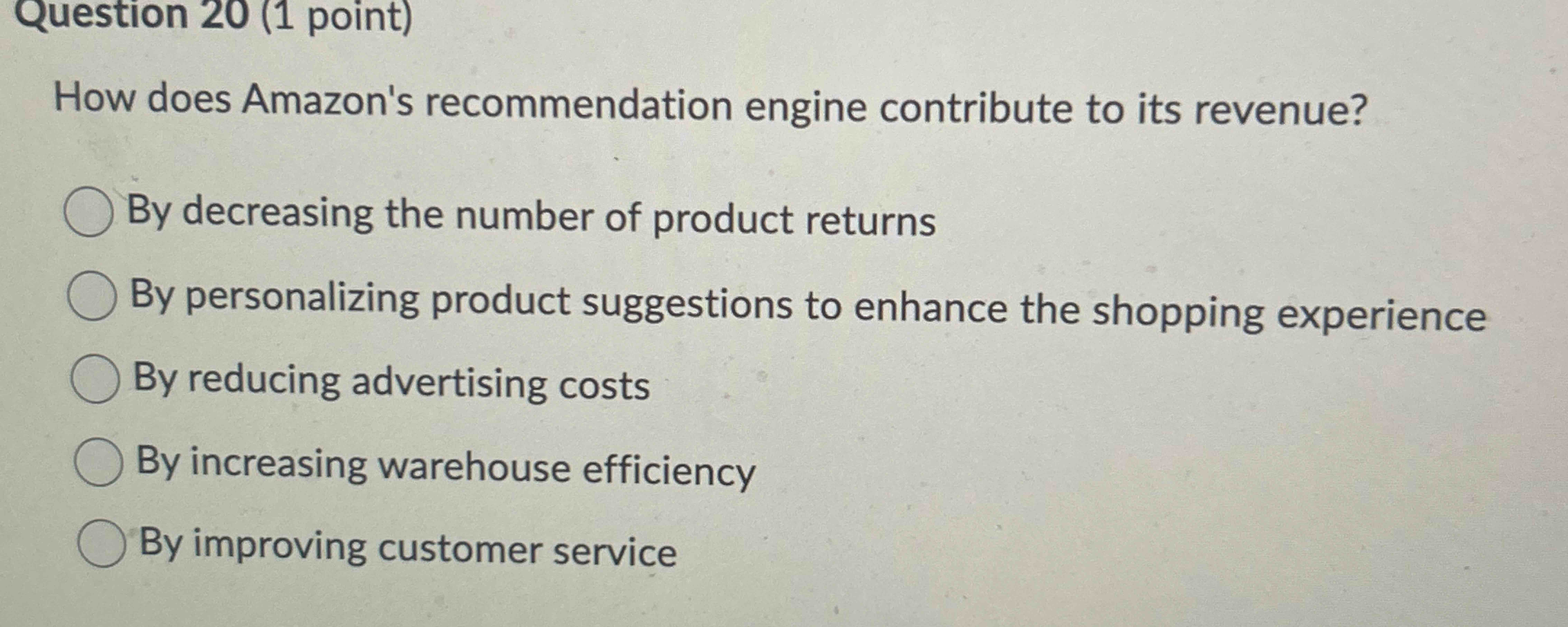 Solved Question 20 (1 ﻿point)How does Amazon's | Chegg.com