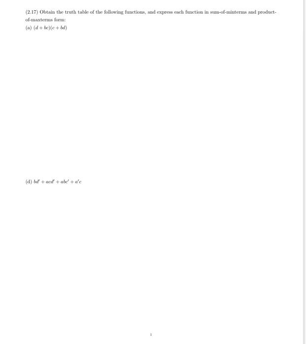 Solved 217 Obtain The Truth Table Of The Following