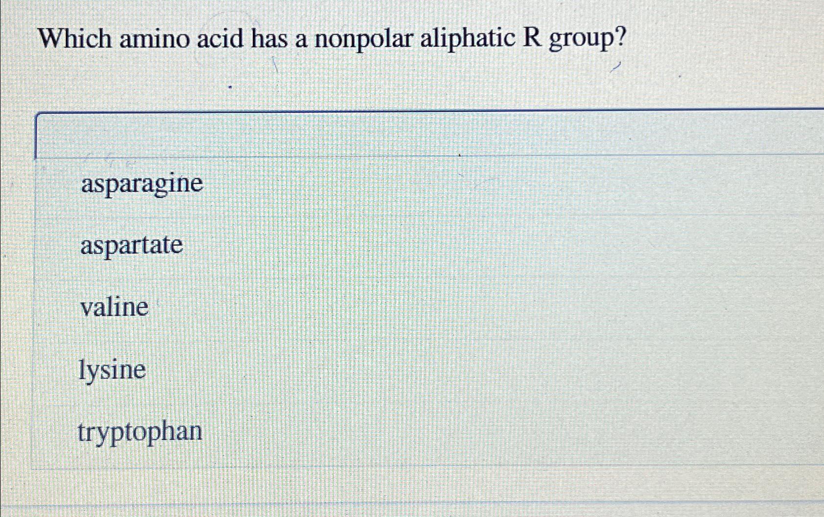 Solved Which amino acid has a nonpolar aliphatic R | Chegg.com
