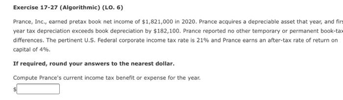 Solved Exercise 17-27 (Algorithmic) (LO. 6) Prance, Inc., | Chegg.com
