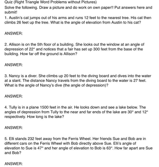 Solved Quiz (Right Triangle Word Problems without Pictures) | Chegg.com