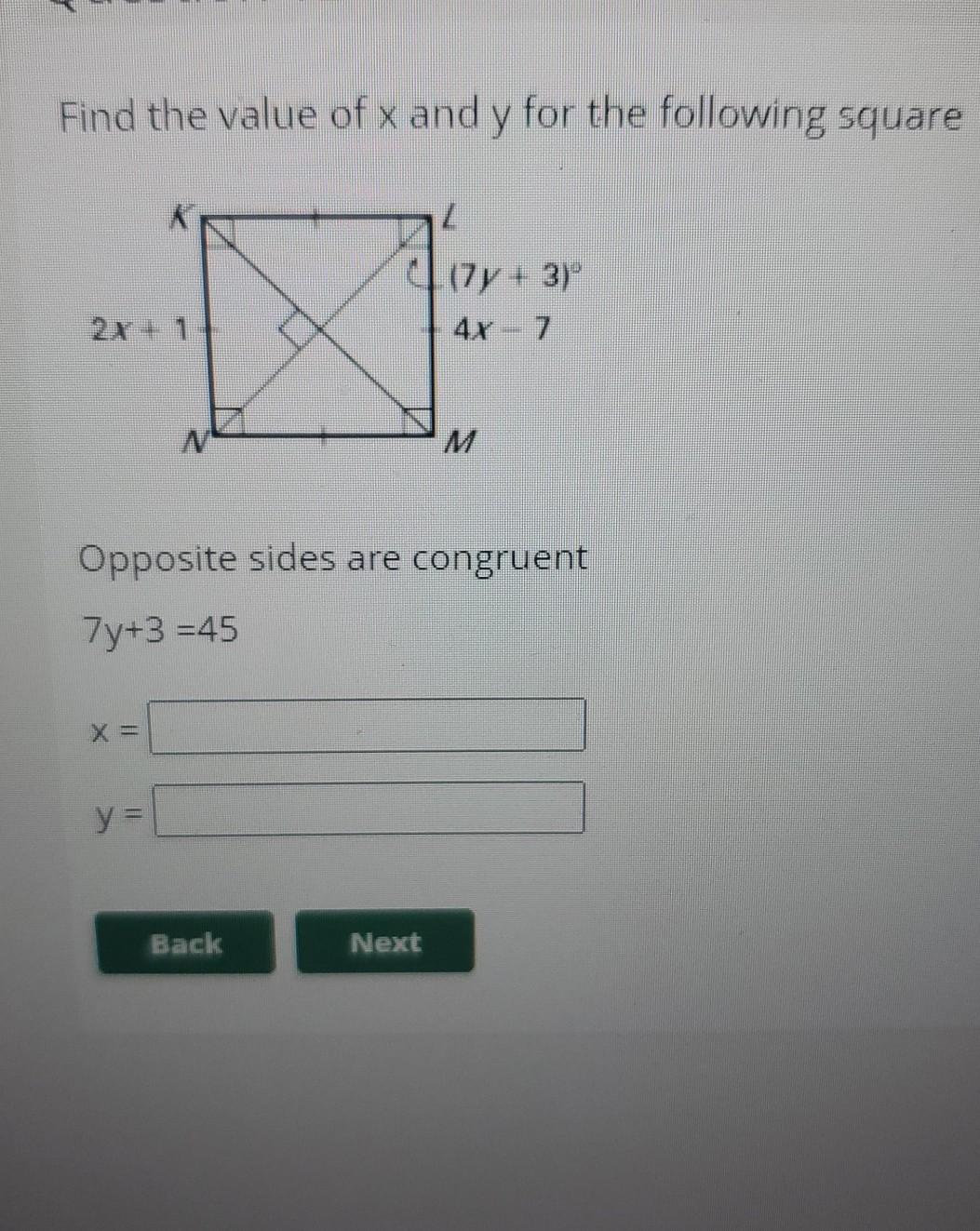 Solved Find the value of x and y for the following square 2y | Chegg.com