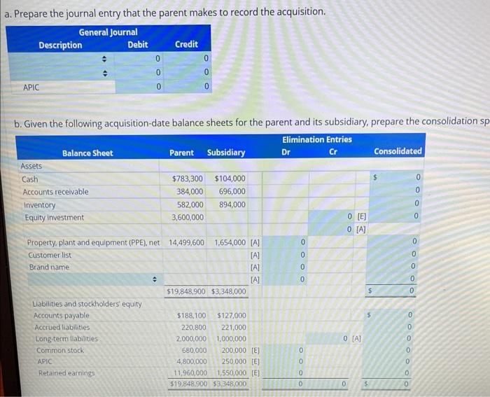Solved Assume that the parent company acquires its | Chegg.com