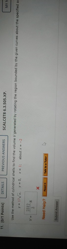 Solved 11. [0/1 Points] DETAILS PREVIOUS ANSWERS SCALCET8 | Chegg.com
