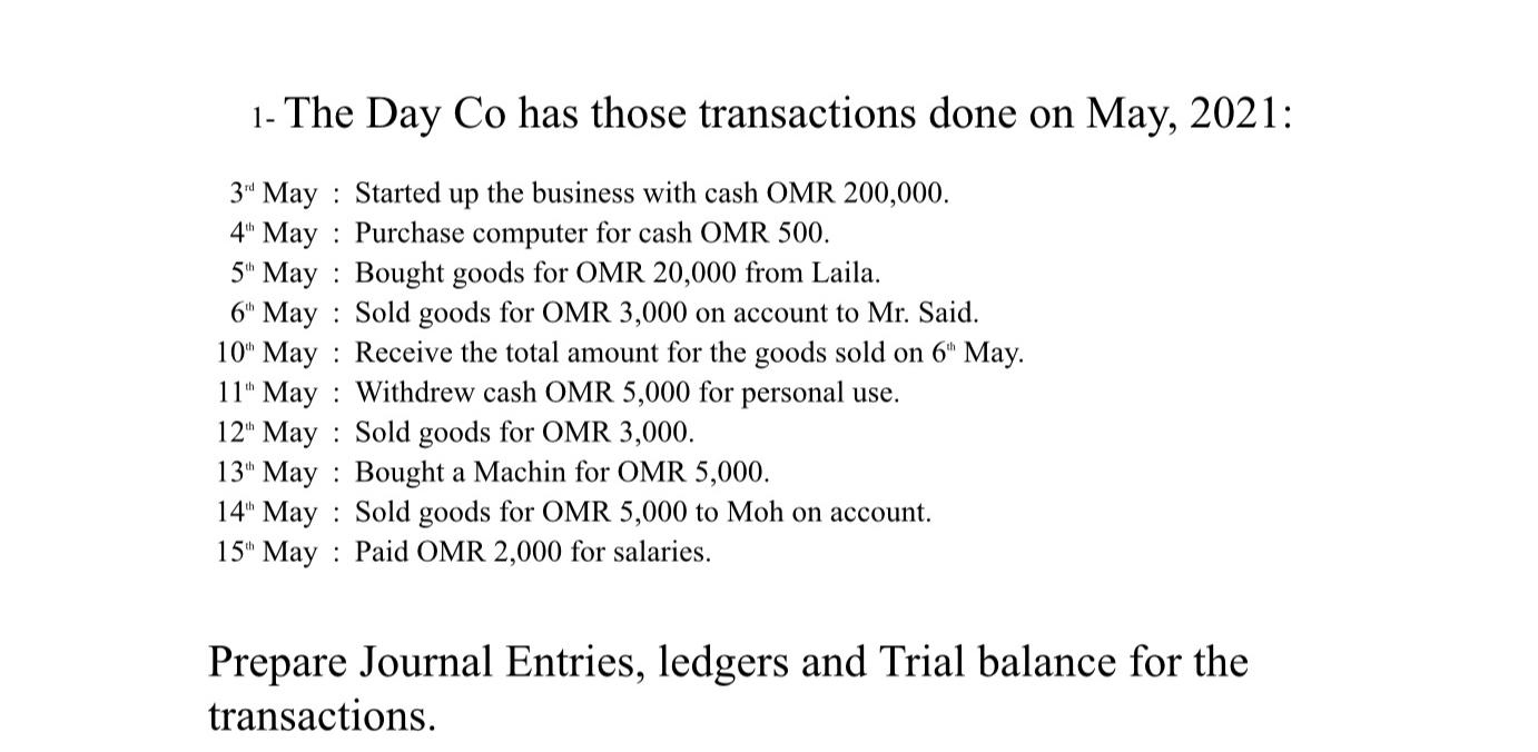 Solved 1- ﻿The Day Co has those transactions done on May, | Chegg.com