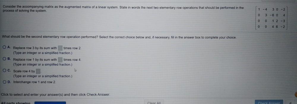 Solved Consider the accompanying matrix as the augmented | Chegg.com