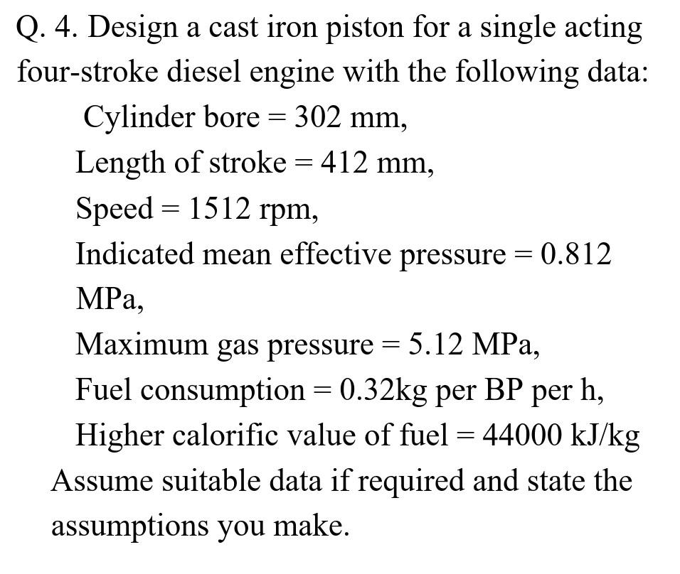 Solved a = Q. 4. Design a cast iron piston for a single | Chegg.com