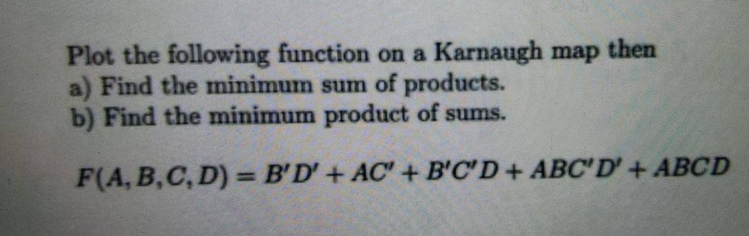 Solved Plot the following function on a Karnaugh map then a) | Chegg.com