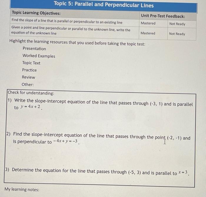 Solved Topic 5: Parallel and Perpendicular Lines Topic | Chegg.com