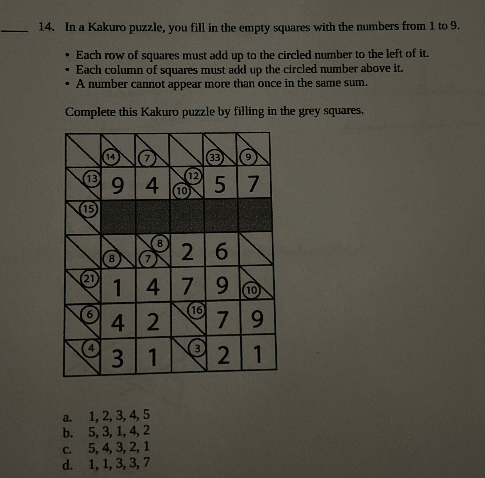 Solved In a Kakuro puzzle, you fill in the empty squares | Chegg.com