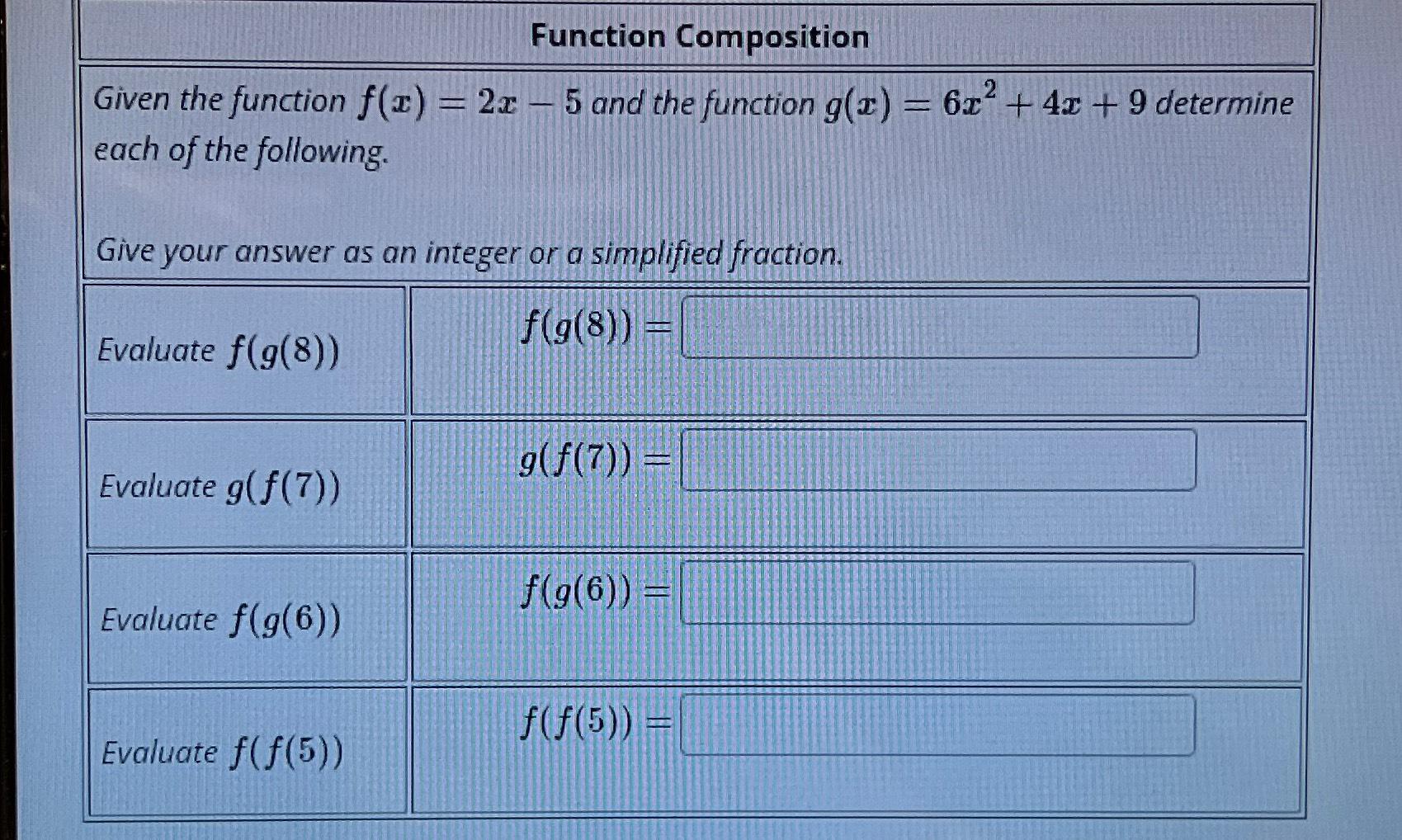 Solved Function CompositionGiven the function f(x)=2x-5 ﻿and | Chegg.com
