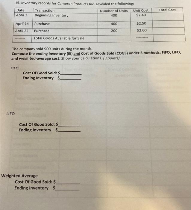 Solved 15. Inventory records for Cameron Products Inc. | Chegg.com