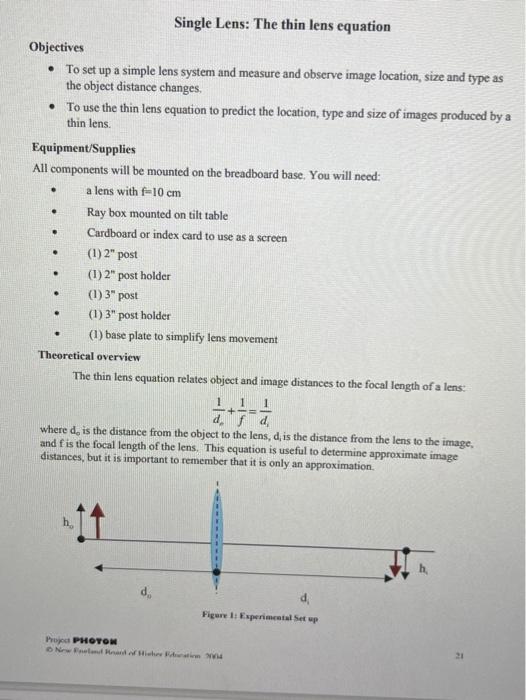 Solved . . . Single Lens: The thin lens equation Objectives | Chegg.com