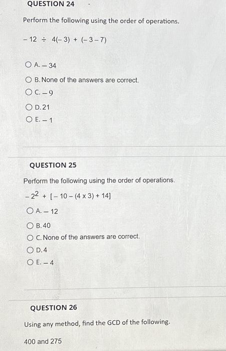Solved Perform the following using the order of operations. | Chegg.com