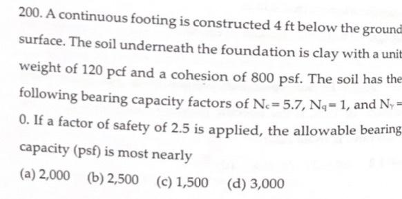 Solved 200. A continuous footing is constructed 4ft below | Chegg.com