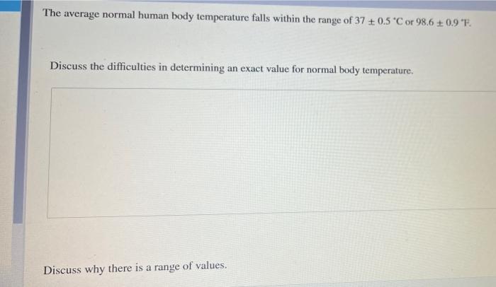Solved The average normal human body temperature falls | Chegg.com