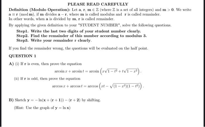 Solved PLEASE READ CAREFULLY Definition (Modulo Operation): | Chegg.com