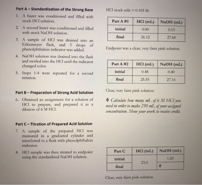 Solved HCl stock soln = 0.103 M Part A #1 initial HCI (mL) | Chegg.com